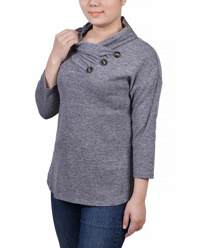 NY Collection Petite 3/4 Sleeve Crossover Cowl Neck Top - Macy's