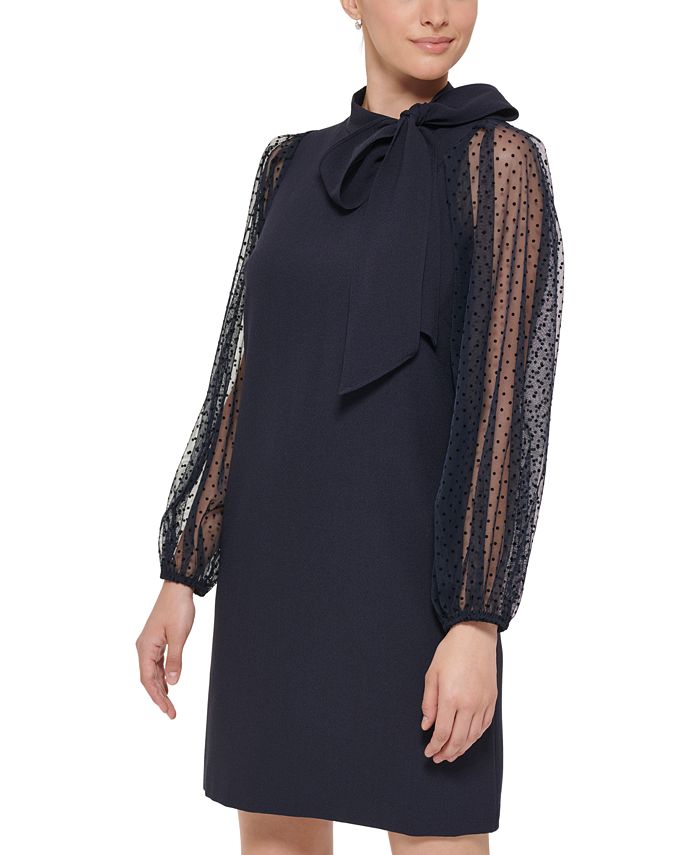 Vince Camuto Petite Tie-Neck Flocked Mesh-Sleeve Dress - Macy's
