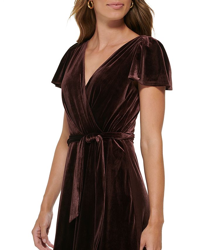 DKNY Velvet Faux-Wrap Flutter-Sleeve Dress & Reviews - Dresses - Women - Macy's