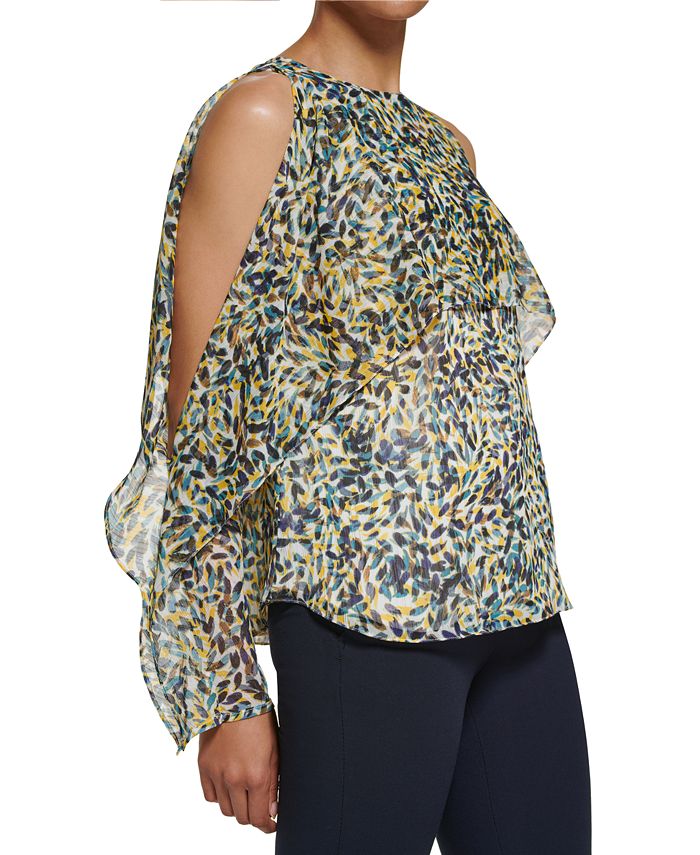 DKNY Cold-Shoulder Long Sleeve Printed Cape Blouse - Macy's