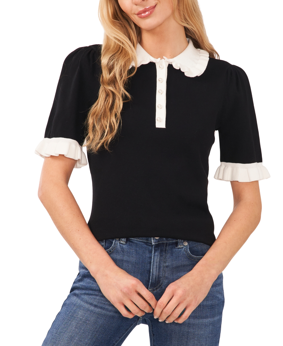 Click here for CeCe Womens Cotton Ruffle-Collar Short-Sleeve Top... prices