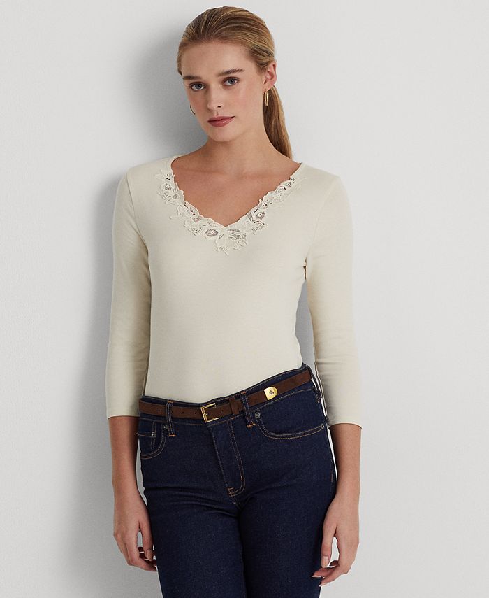 Lauren Ralph Lauren Petite Lace-Trimmed V-Neck Top - Macy's