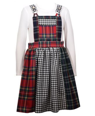 Bonnie Jean Big Girls Mixed Plaid Bib Jumper Over Cotton Rib Pullover ...