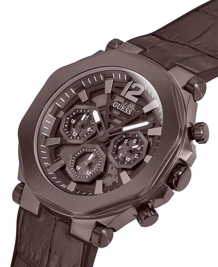GUESS Men's Chocolate Brown Genuine Leather, Silicone Strap, Multi ...