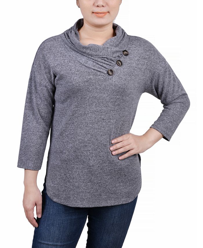 NY Collection Women's 3/4 Sleeve Crossover Cowl Neck Top - Macy's