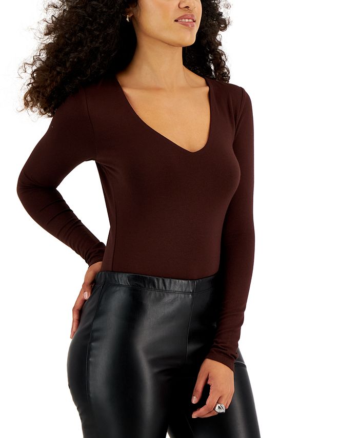 Bar III Women's Long-Sleeve V-Neck Snap-Close Bodysuit, Created for ...