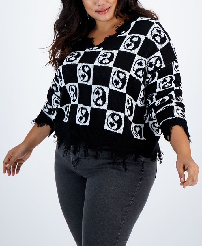 Just Polly Trendy Plus Size Mini Yin Yang Destructed Sweater - Macy's