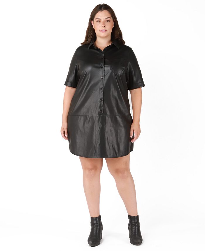 Black Tape Trendy Plus Size Faux-Leather Shirtdress - Macy's