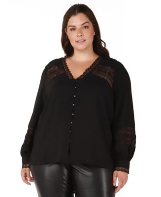 Black Tape Trendy Plus Size Lace-Insert V-Neck Blouse - Macy's