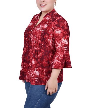 NY Collection Plus Size Pleat Front Y-Neck Top - Macy's