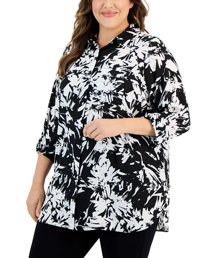 Alfani Plus Size Collared Printed Button-Front Tunic, Created for Macy ...