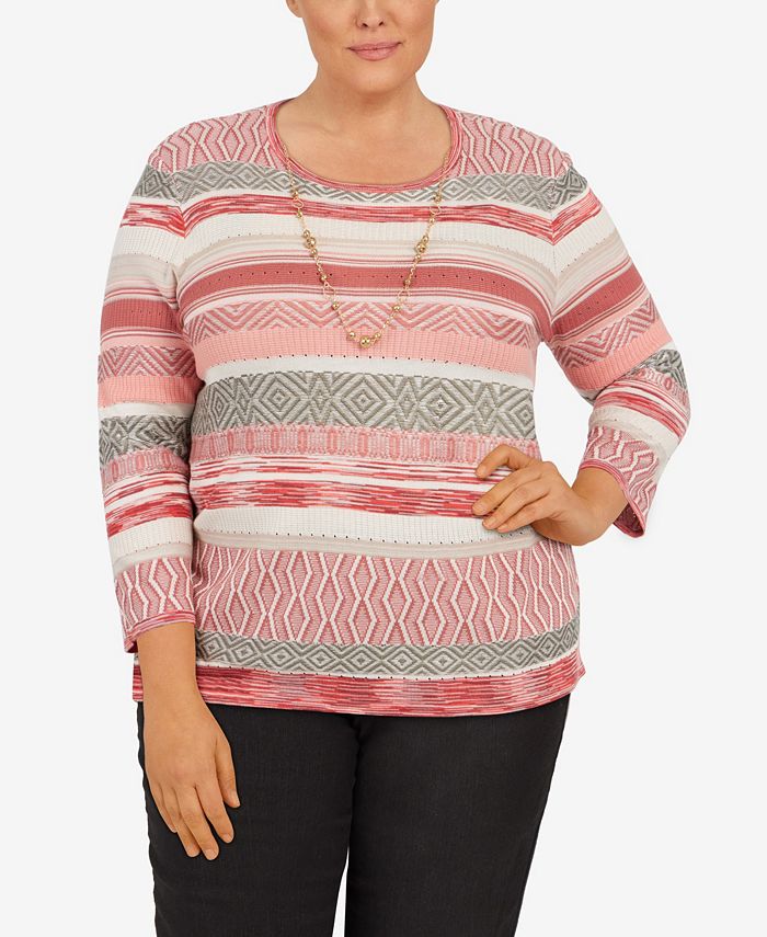 Alfred Dunner Plus Size Copper Canyon Three-Quarter Sleeve Striped ...
