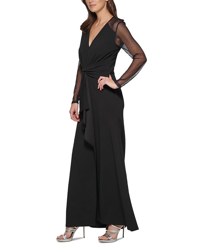 DKNY Women's V-Neck Sheer-Long-Sleeve Scuba-Crepe Gown - Macy's