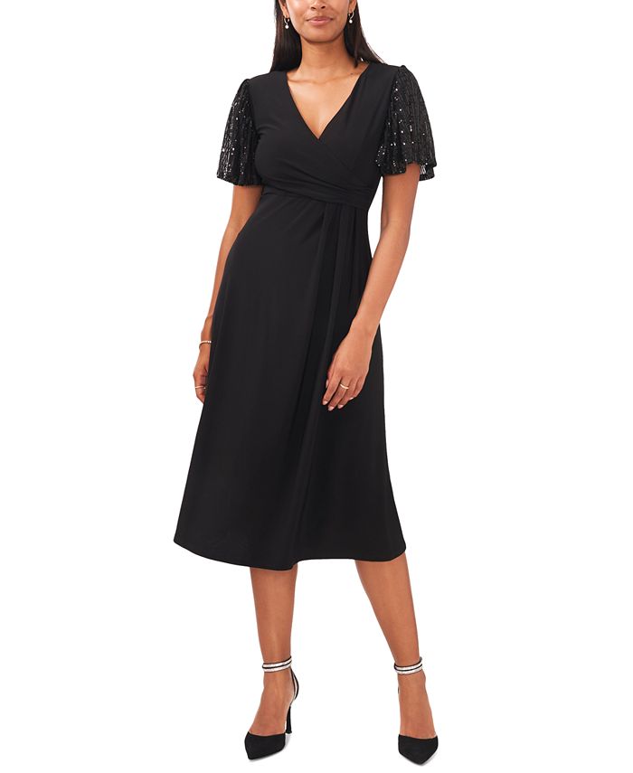 MSK Women's Sequined-Sleeve Surplice Midi Dress - Macy's
