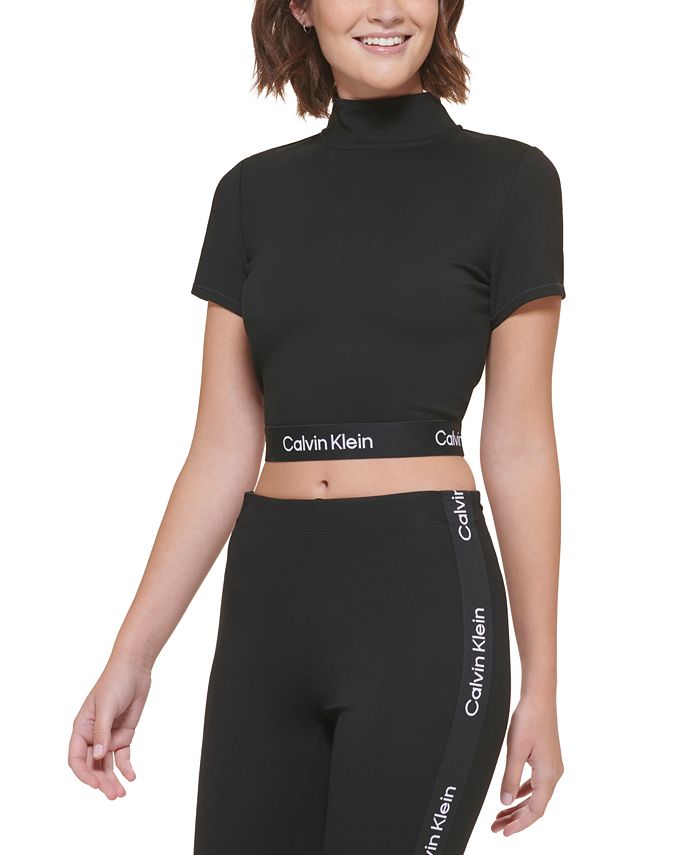 Calvin Klein Women's Logo Elastic Mock Neck Top - Macy's