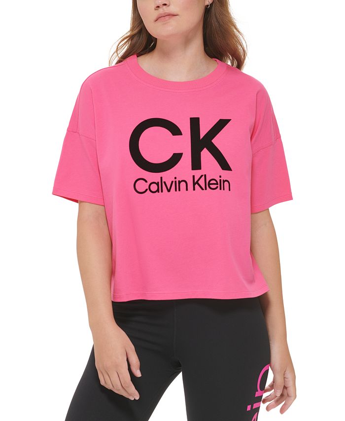 Calvin Klein Women's Stacked Flocking Logo-Print Cotton T-Shirt ...