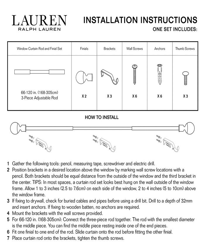 Lauren Ralph Lauren Welford 1" Adjustable Window Curtain Rod and Finial ...