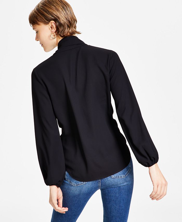 Bar III Women's Tie Neck Cinched Sleeve Blouse, Created for Macy's - Macy's