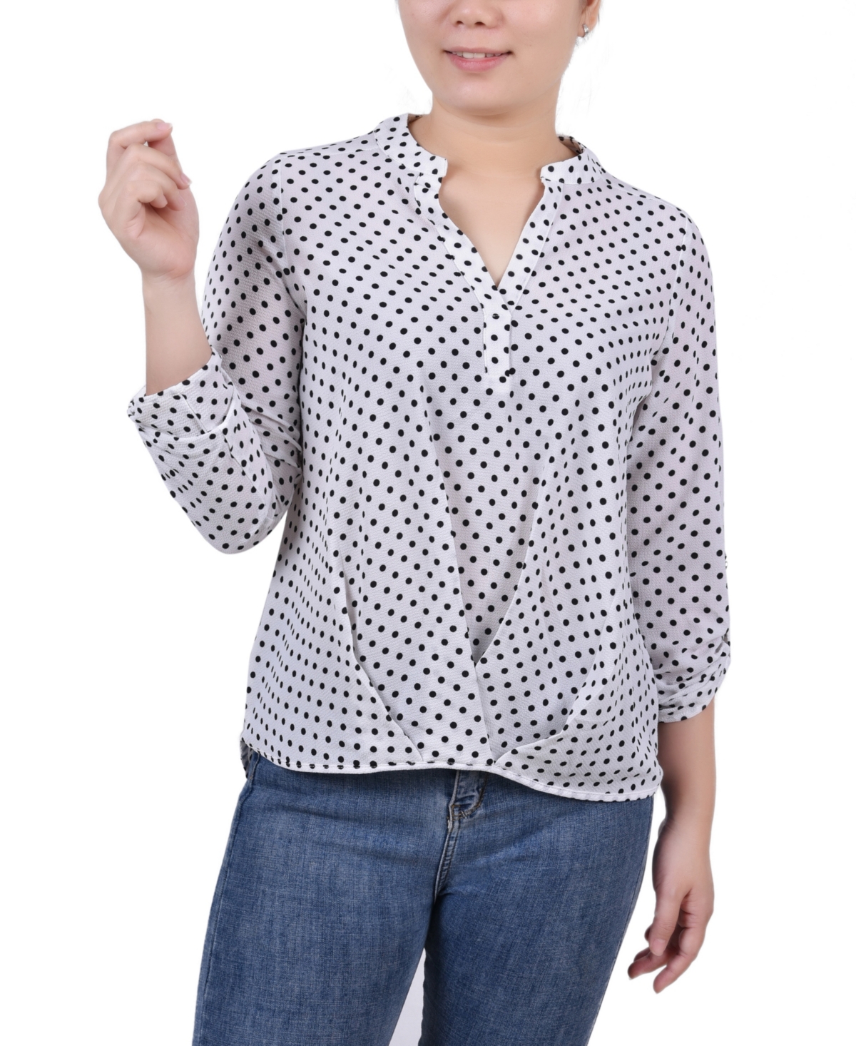 Click here for Petite Size 3/4 Push Tab Mandarin Collar Blouse wi... prices
