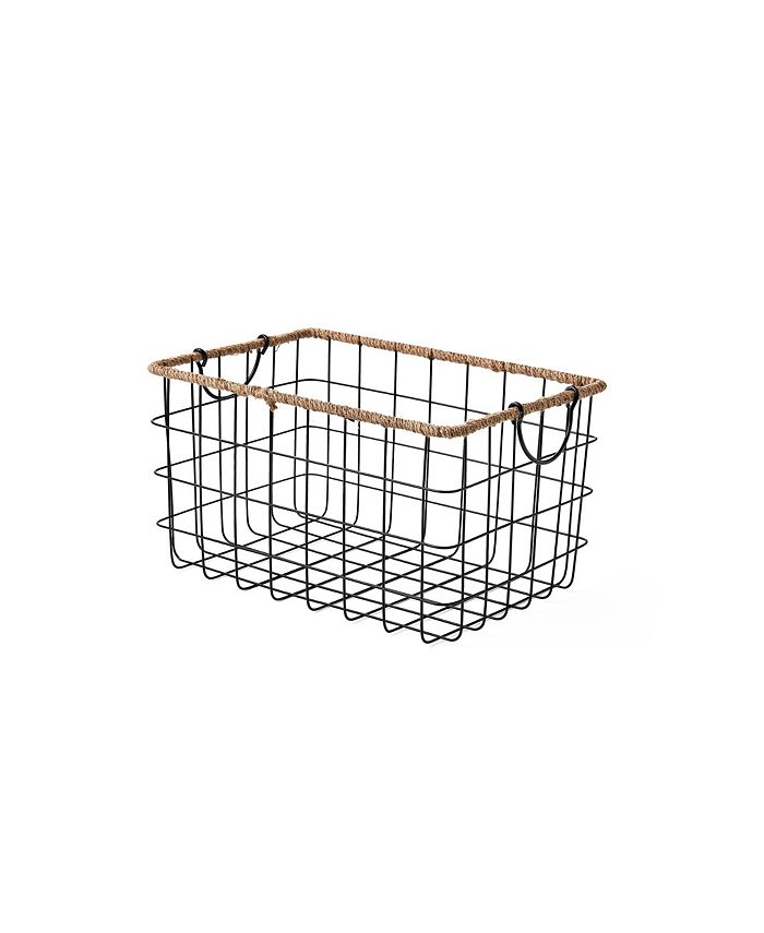 Baum Rectangular Grid Black Wire Baskets with Jute Rim and Fold Down ...