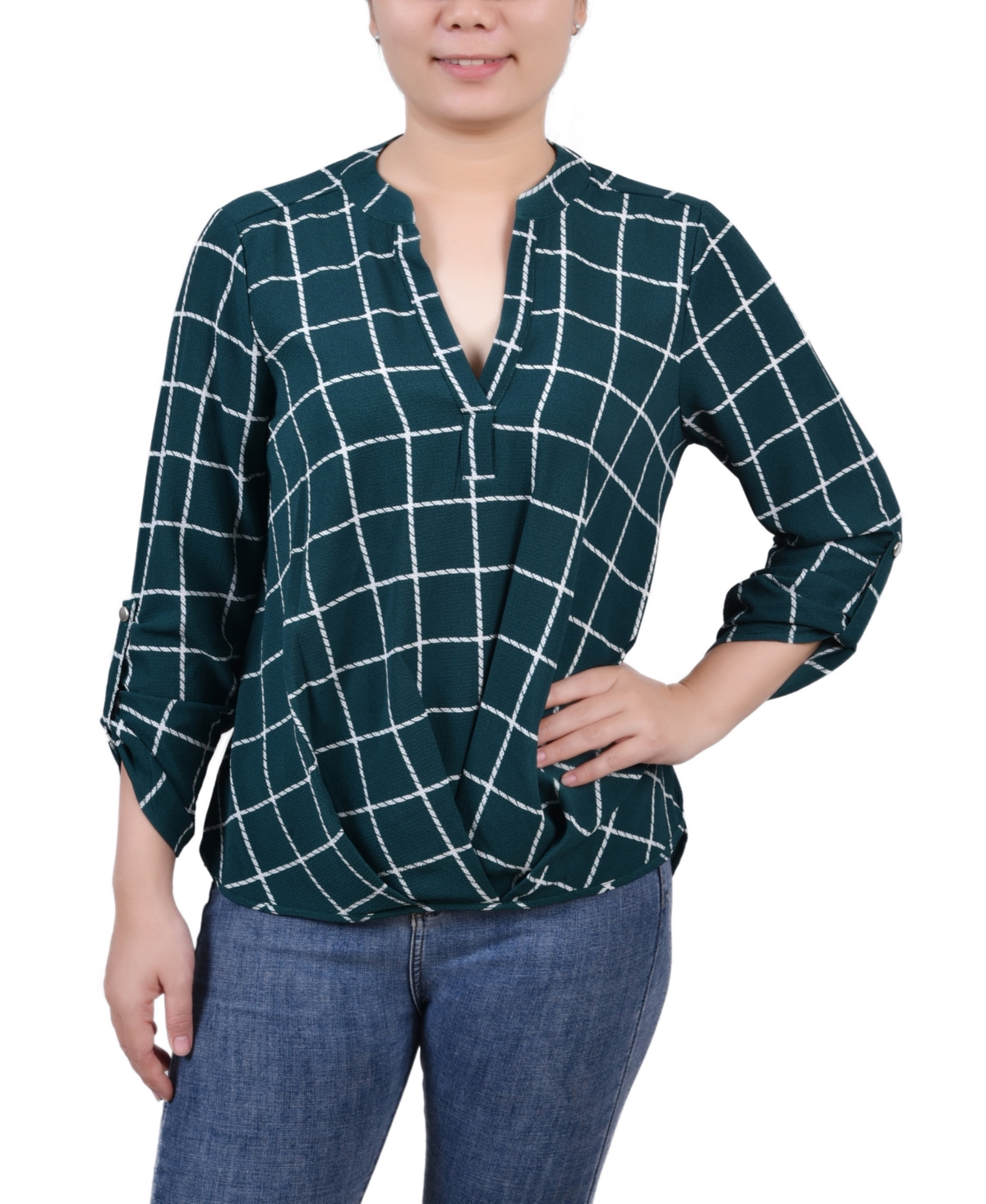 Click here for Petite Size 3/4 Push Tab Mandarin Collar Blouse wi... prices