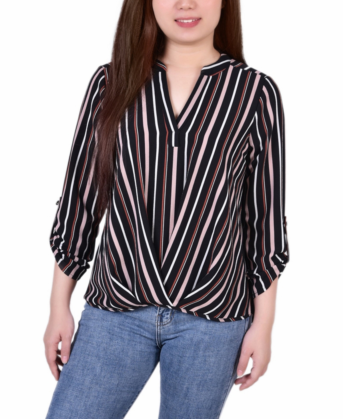 Click here for Petite Size 3/4 Push Tab Mandarin Collar Blouse wi... prices