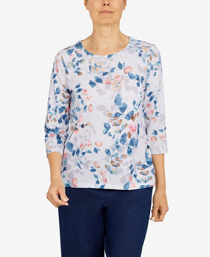 Alfred Dunner Women's Shenandoah Valley Crewneck 3/4 Sleeve Leaf Print ...
