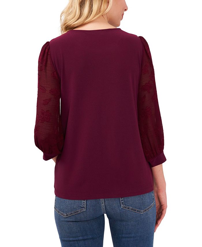 CeCe Women's Mixed Media 3/4-Sleeve Crew Neck Knit Blouse - Macy's
