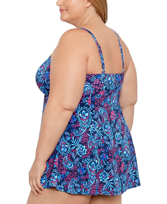 Swim Solutions Plus Size Tummy Control Printed Tie Waist Swim Dress