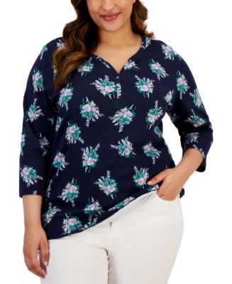 Karen Scott Plus Size Camilla Floral 3/4-Sleeve Henley Top, Created for ...