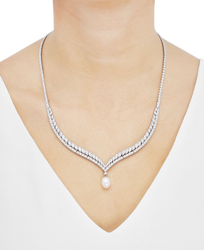 Arabella Cultured Freshwater Pearl (9x11mm) & Cubic Zirconia 17" Collar ...