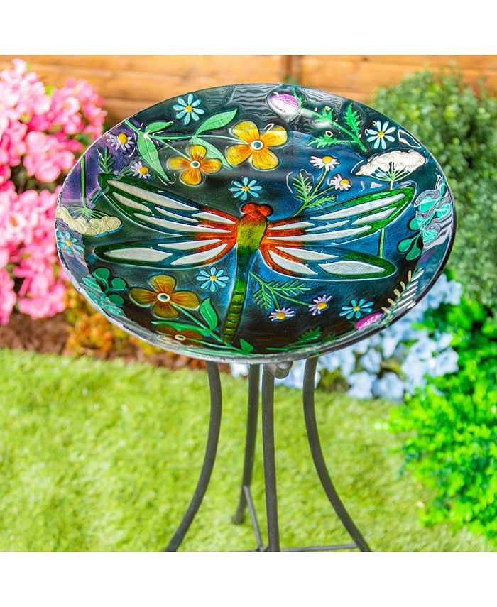 Evergreen 18" Hand Painted and Embossed Bird Bath, Dragonfly Meadow ...