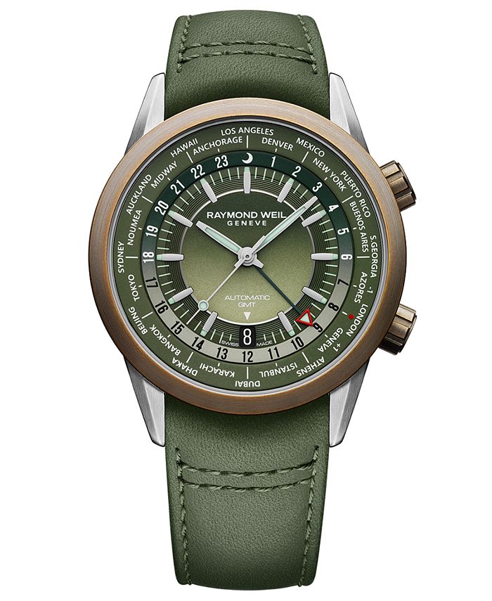 Raymond Weil Men's Swiss Automatic Freelancer GMT Green Leather Strap ...
