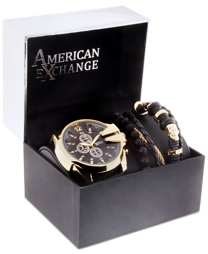 American Exchange Men's Black Leather Strap Watch 52mm Gift Set - Macy's