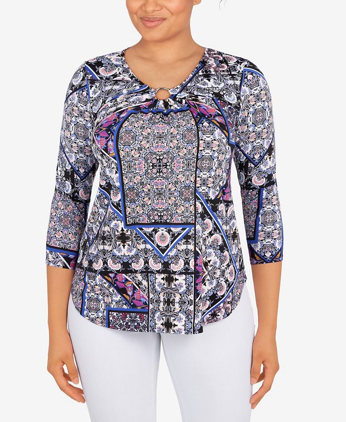 Ruby Rd. Petite Knit Folk Patchwork Puff Print Top - Macy's