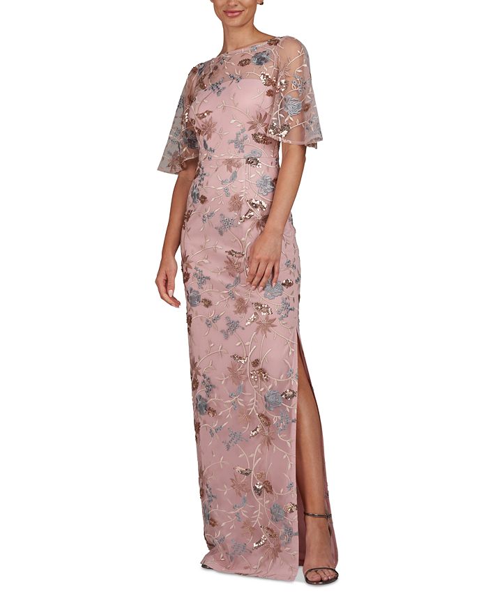 JS Collections Women's Daphne Embroidered Flutter-Sleeve Gown - Macy's