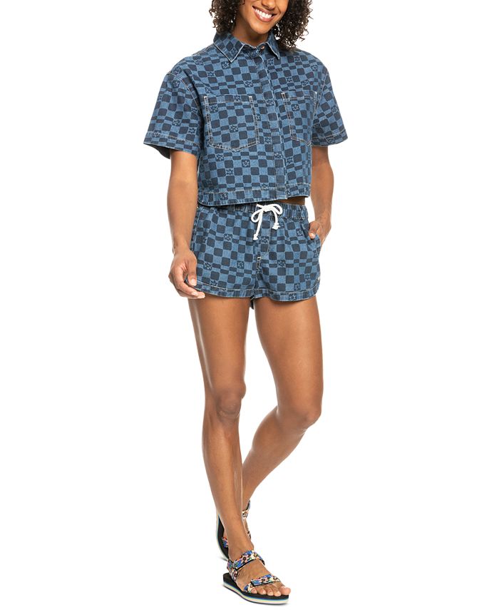 Roxy Juniors' Blue Wave Club Cropped Denim Button-Up Top & Reviews ...