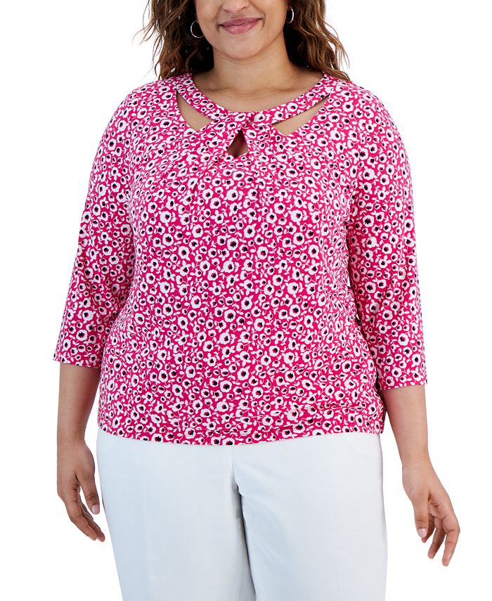Kasper Plus Size Cut-Out Floral-Print 3/4-Sleeve Top - Macy's