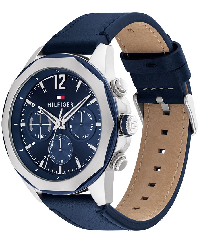 Tommy Hilfiger Men's Multifunction Navy Blue Leather Strap Watch 46mm ...