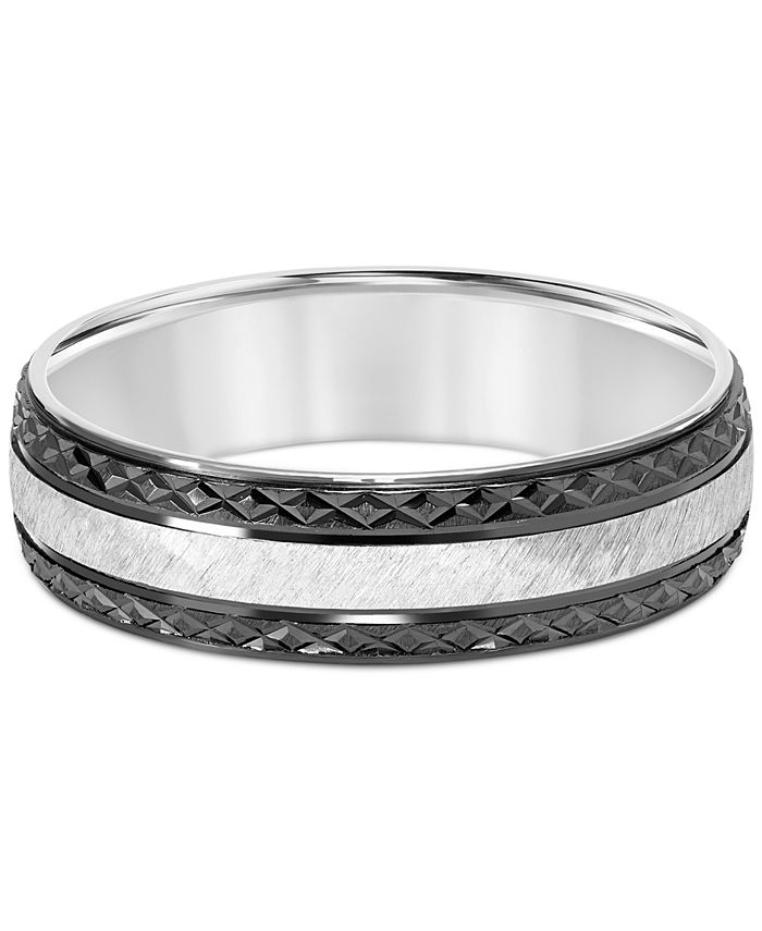Macy's Men's Carved Two-Tone Wedding Band in Sterling Silver & Black ...
