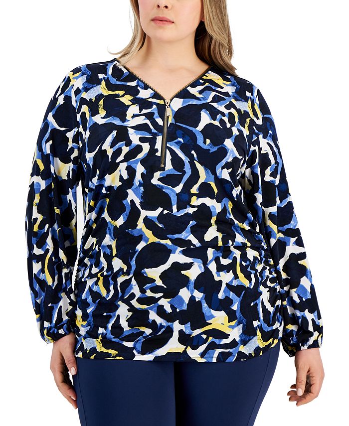 JM Collection Plus Size Printed Zip-Front Top, Created for Macy's ...