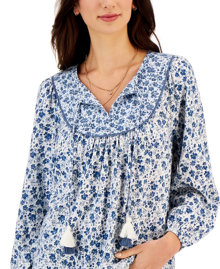 Style & Co Women's Floral Tasseled Peasant Top, Created for Macy's ...