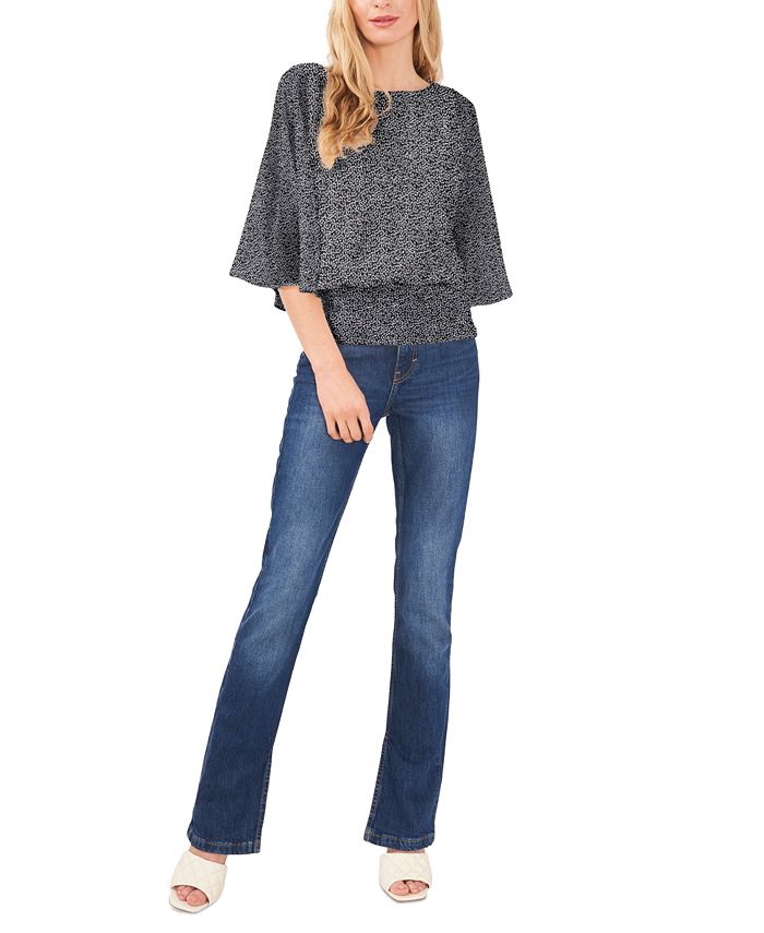 Sam & Jess Petite Printed Smocked-Waist 3/4-Sleeve Top - Macy's
