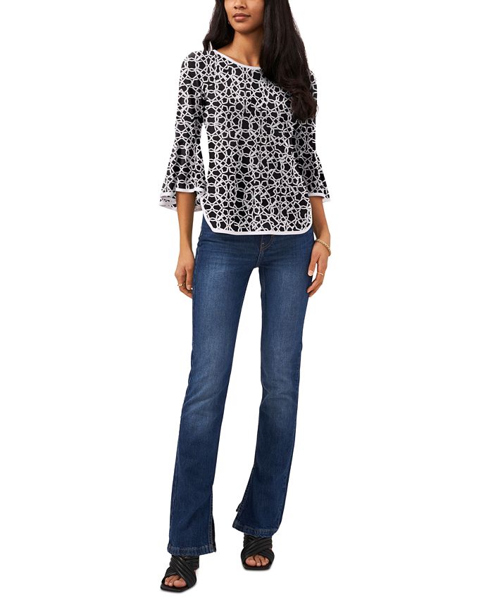 Sam & Jess Petite Floral-Print Bell-Sleeve Piped Top - Macy's