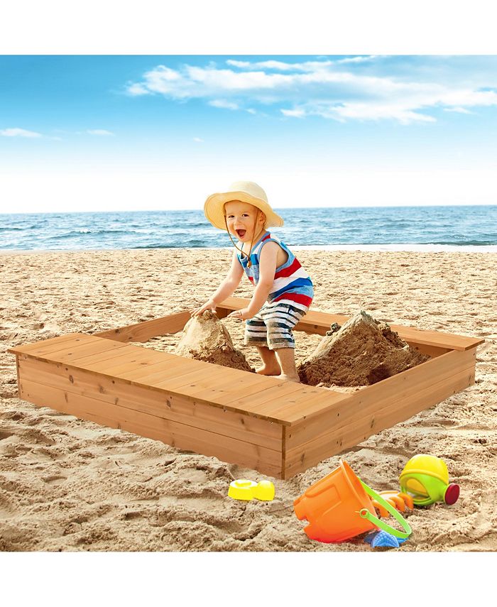 Costway Kids Wooden Sandbox w/ Bench Seats & Storage Boxes Children ...
