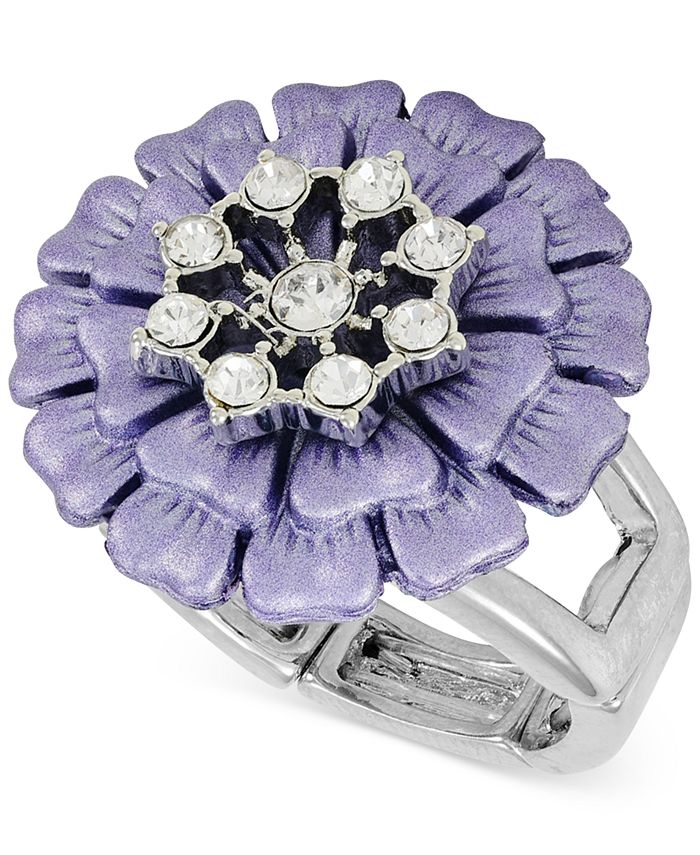GUESS Silver-Tone Pavé Purple Flower Stretch Statement Ring - Macy's