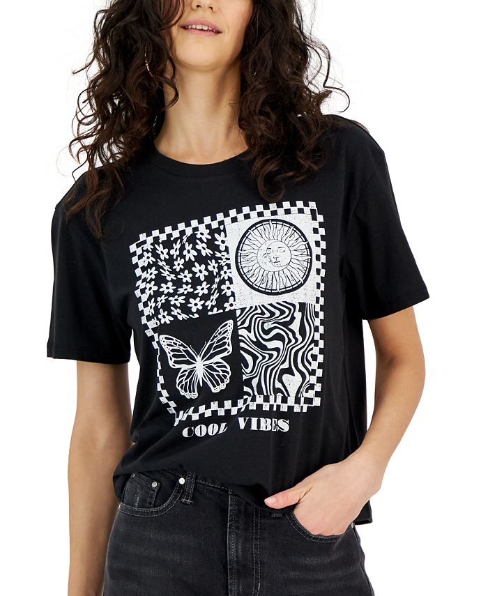 Rebellious One Juniors' Crewneck Checkered Grid Short-Sleeve T-Shirt ...