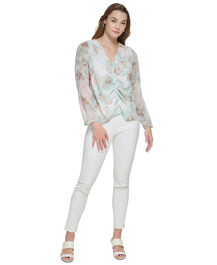 Calvin Klein Womens Long Sleeve Printed V Neck Blouse Macys