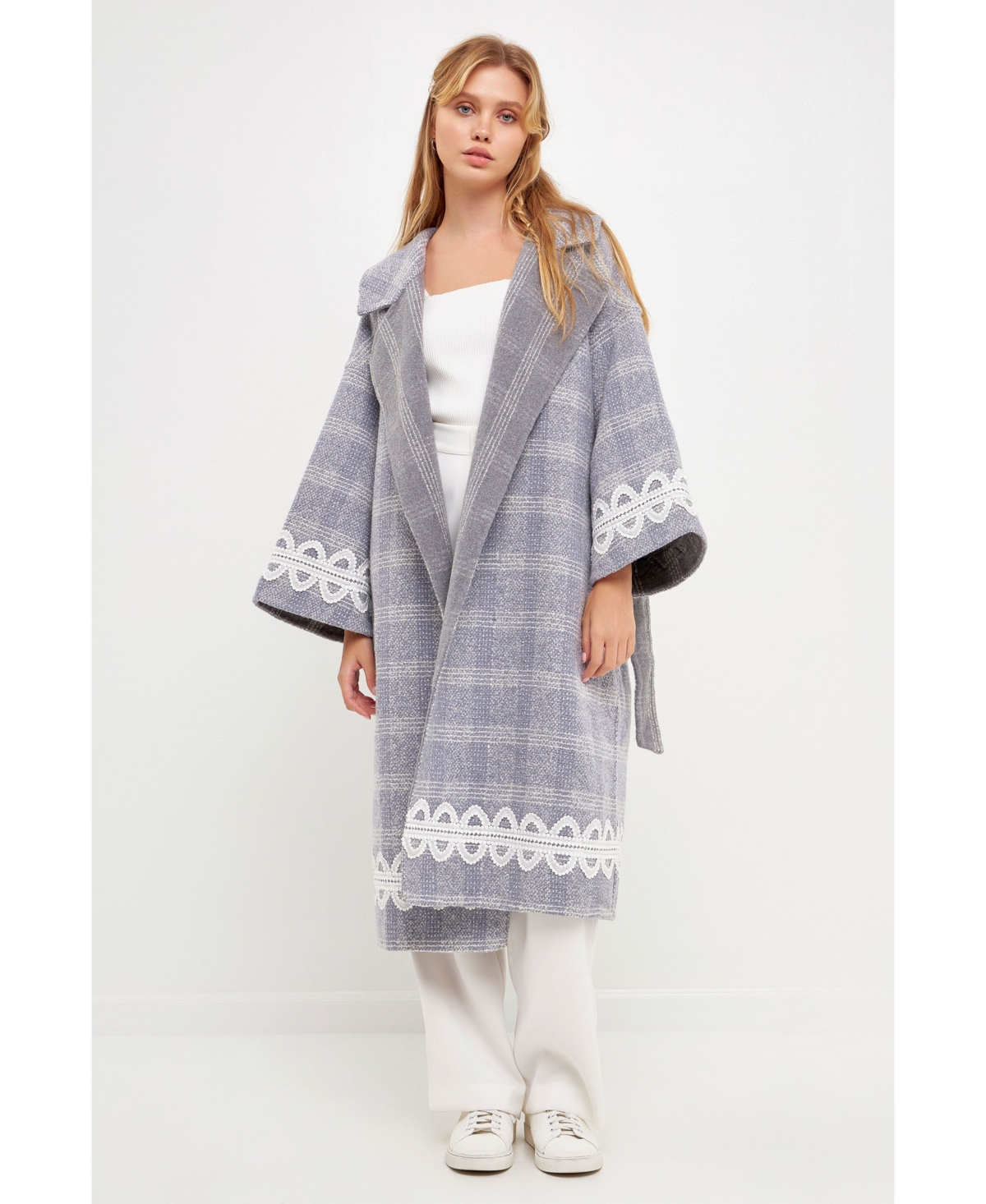 Click here for English Factory Womens Long Plaid Wrap Coat - Grey prices