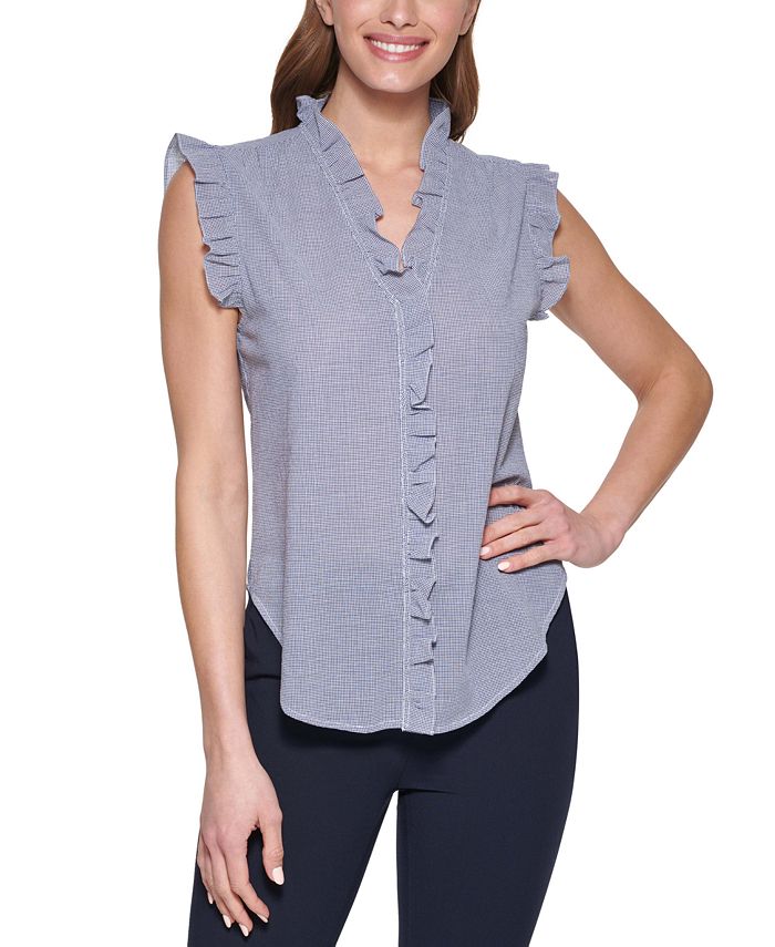 DKNY Petite Cotton Sleeveless Ruffle-Trim Shirt, Created for Macy's ...